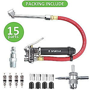 Spurtar 10-120 PSI Heavy Duty Tire Inflator Gauge Air Chuck with Pressure Gauge with 4 Way Tool and Valve Cores Tire Pressure Gauge with Inflator 12" Air Hose for Car Automotive Truck