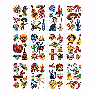 65 Pieces Mexican Day Of The Dead Temporary Tattoos for Kids, Sugar Skull Guitar Floral Skeleton Cactus Tattoo Stickers for Halloween Decorations Dia de Los Festival Carnival Party Favor Supplies