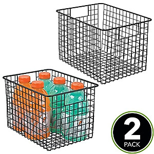 mDesign Metal Wire Food Storage Basket Organizer with Handles for Organizing Kitchen Cabinets, Pantry Shelf, Bathroom, Laundry Room, Closets, Garage - Concerto Collection - 2 Pack - Black