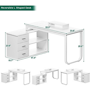 MaverickFurni White Desk with Drawers, 55 Inch White L Shaped Desk with 3 Drawers, Computer Desk with Monitor Stand, White Home Office Sturdy Desk with Storage for Bedroom
