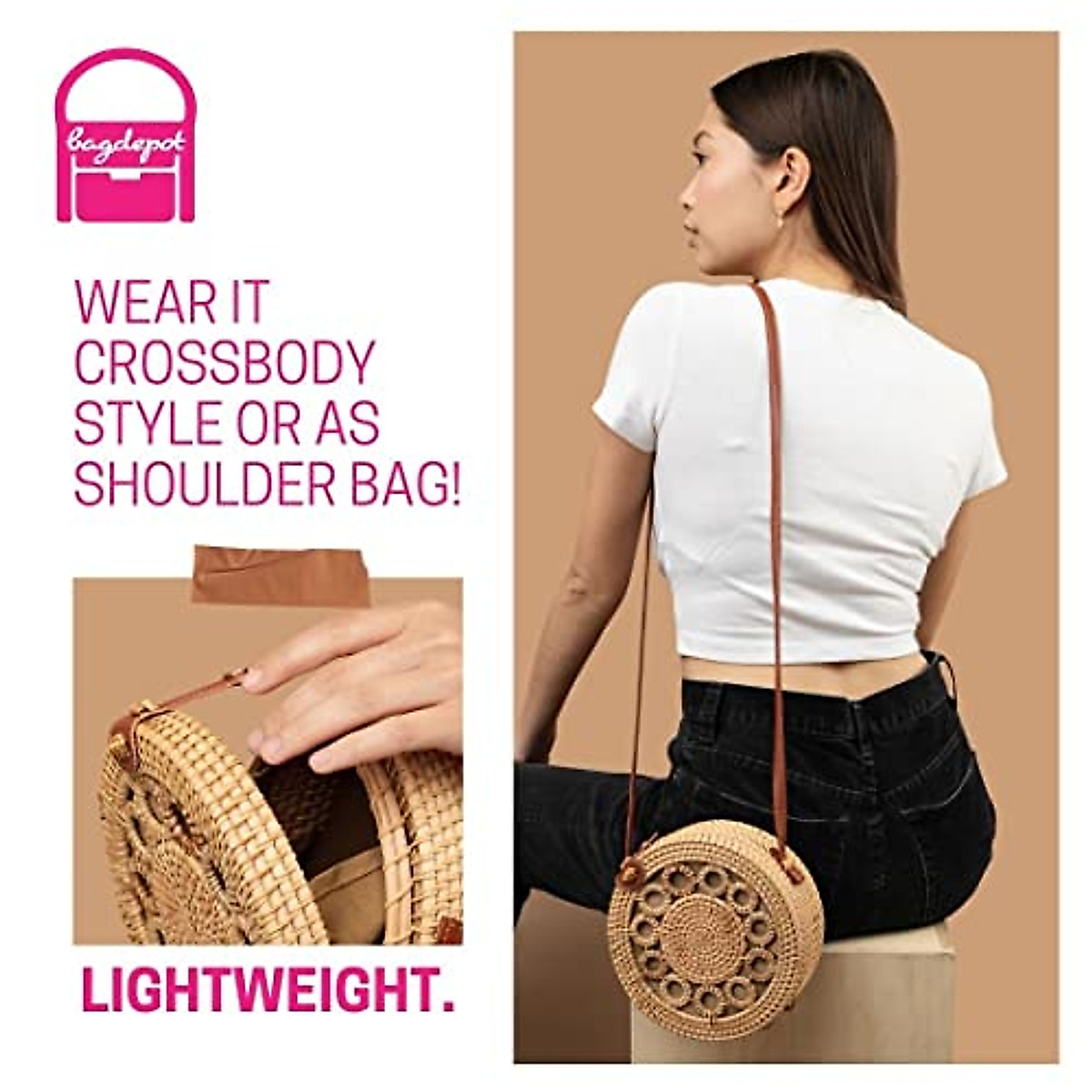 BAGDEPOT Round Rattan Bag With Shoulder Leather Strap. Made from Natural Rattan (Sunrise)