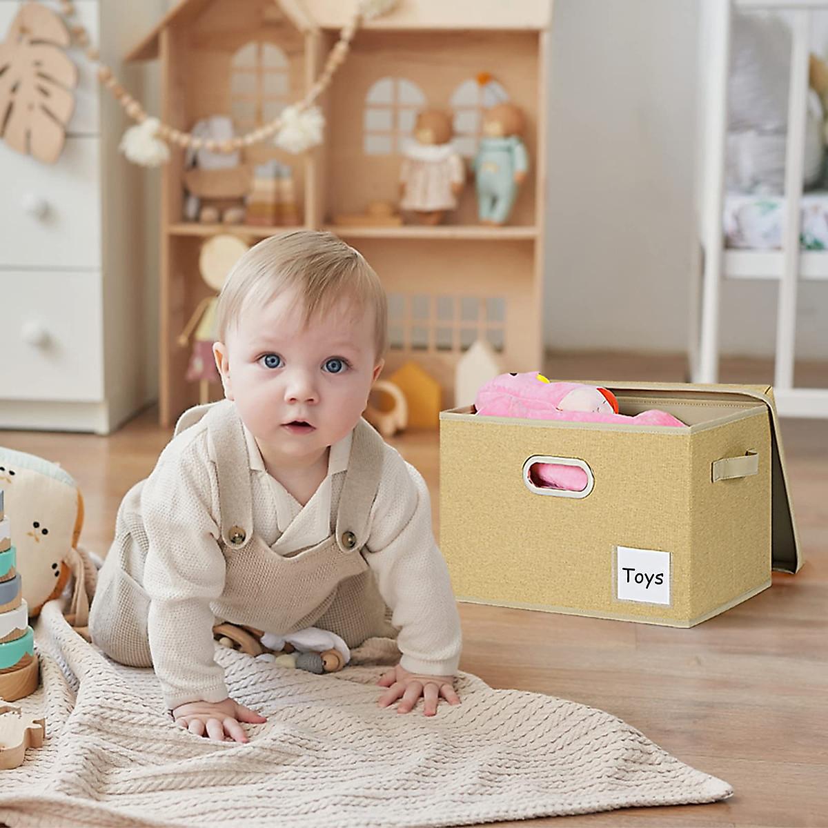 LHZK Large Storage Bins with Lids 6 Pack, Foldable Linen Fabric Storage Boxes with Lids, Sturdy Fabric Storage Bins with Label & 3 Handles for Shelves Bedroom Home Office (Beige, Large)