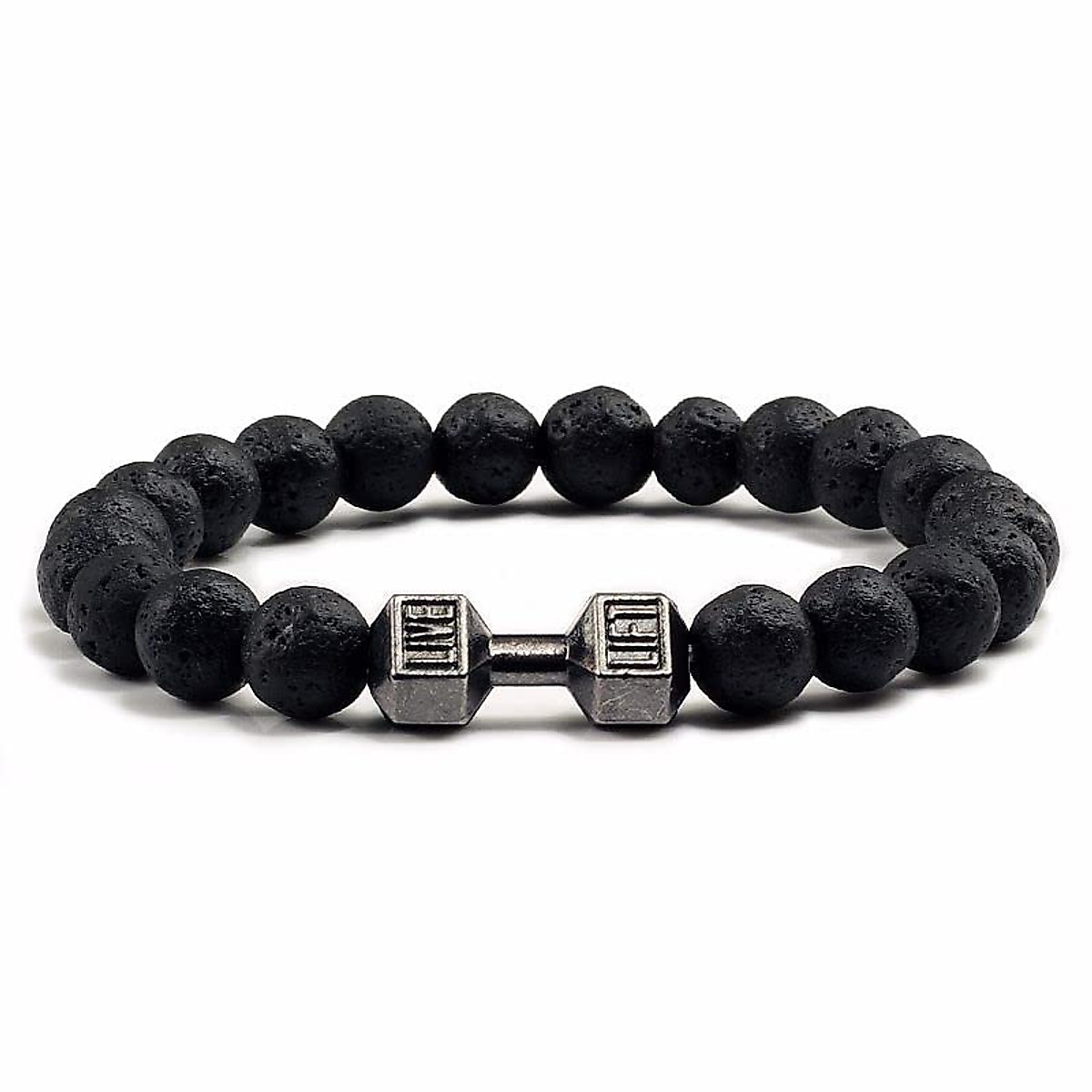 Handmade Black Dumbbell Bracelet Gym Bros Fitness Barbell Bracelet Natural Volcanic Lava Stone Adjustable Beads Bracelet Fitness Jewelry for Women (V-Black)