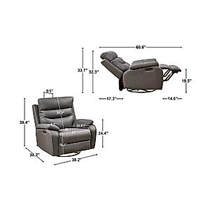 Oversized Power Recliner Chair for Adults with 24" Width Seat, 240 Degree Swivel Glider Rocker Rocking Chair with Adjustable Backrest and Charging Ports, Reclining Sofa Chair for Living Room, Gray