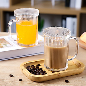 2 Pieces Clear Glass Coffee Mugs with Glass Lids Vintage Vertical Stripes Tea Mug Classic Ribbed Glasses with Handles Clear Coffee Cups for Espresso Latte Anniversary Xmas 14 oz (Clear)
