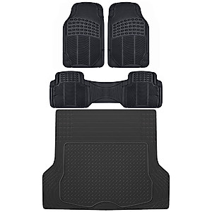 BDK Proliner All Weather Rubber Auto Floor Mats and Trunk Cargo Liner - Front & Rear Heavy Duty Set Fit for Car SUV Van and Truck, Black, 4 Pieces (Trim to Fit)