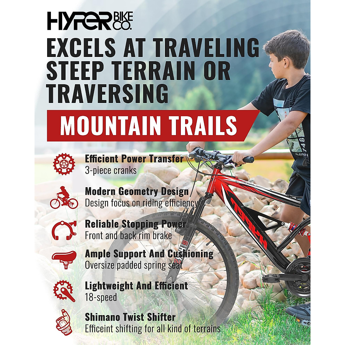 Hyper Kids Mountain Bike 24 Inch Youth Downhill Mountain Bike. Shimano 18 Speed Twist Shifters and Steel MTB Bike Frame. Full Suspension Mountain Bike. Shocker (Red/Black)