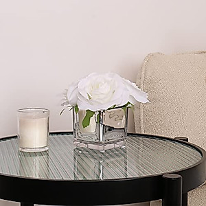 Nisoger Artificial Flowers in Vase, White Silk Rose Faux Flowers in Vase, Fake Flowers with Vase Bouquets Arrangements Home Decoration for Dinning Table Centerpieces Bedroom Bathroom Kitchen, White