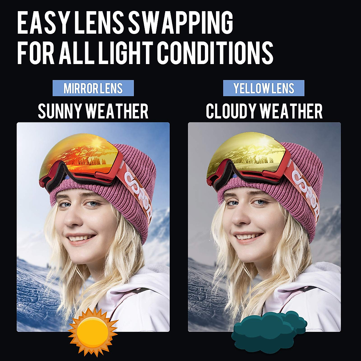 COPOZZ Polarized Ski Goggles Set, M1 Magnetic Snowboard OTG UV400 Skiing Goggles … (Red Lens Red Frame VLT-16.1%)