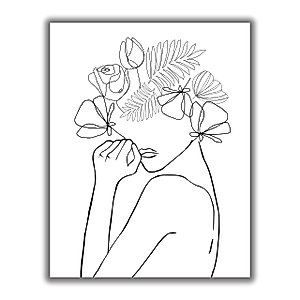 Woman with Flowers on Head Line Art - 11x14 UNFRAMED Abstract Minimalist Decor Wall Print in Black on White.