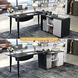 iSunirm L Shaped Desk with File Cabinet& Power Outlet, 55 Inch Large Corner Computer Desks with LED Light Strip, L-Shaped Computer Desk with Cabinet Door and Storage Shelves, Leather Black & White
