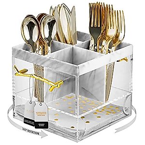 ELTOW Utensil Holder for Party, Silverware Caddy with Handle, Swivel, Lucite Acrylic Organizer for Spoons, Forks, Knives, Napkins, Elegant Cutlery Utensil Caddy for Parties, Home, Kitchen, Office