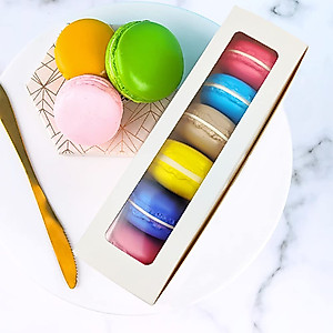 Chneeu 30 Pack Macaron Boxes Macaron Packaging Box with Window Long Pastry Cookie Boxes Dessert Boxes Small Treat Boxes Rectangle Cookie Boxes Strawberry Boxes, white
