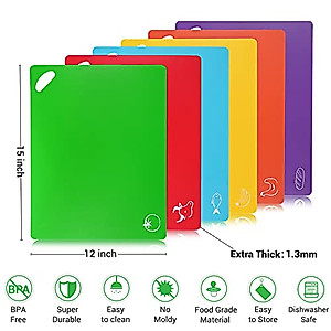 Cutting Board Mats Set, Extra Thick Flexible Plastic Kitchen Chopping Board, Colored Mats with Food Icons & Easy-Grip Handles, Dishwasher Safe, Set of 6