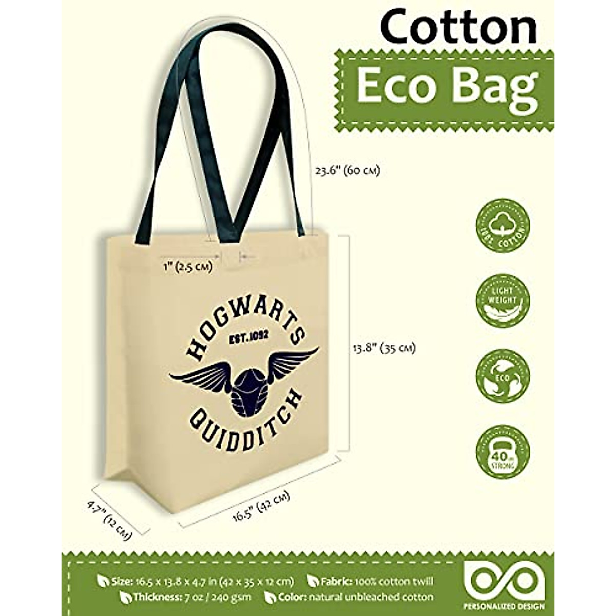 Personalized.Design Tote Bag ''Quidditch - Hogwarts. Est.1092'' - Harry Potter Cotton Canvas Organic Shoulder Craft Bag - Christmas Gifts Purse, Beige (ECBG-007)