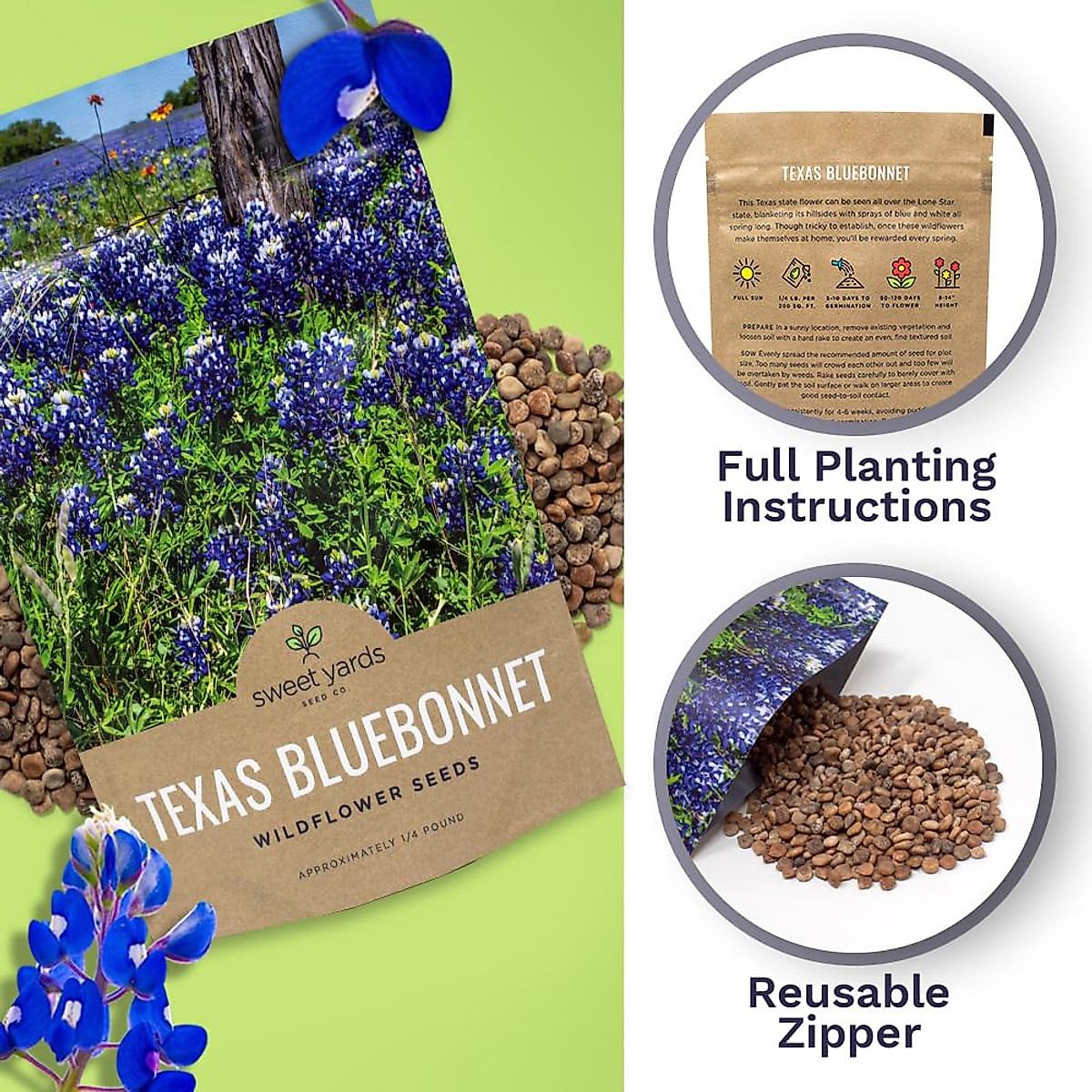 Texas Bluebonnet Wildflower Seeds - Bulk 1/2 Ounce Packet - Over 500 Native Seeds - Texas State Flower!