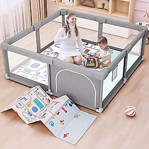 Baby Playpen Baby Playard, Playpen for Babies and Toddlers with Gate, 50x50 Baby Fence, Sturdy Safety Playpen, Indoor & Outdoor Kids Activity Center（with Mat）