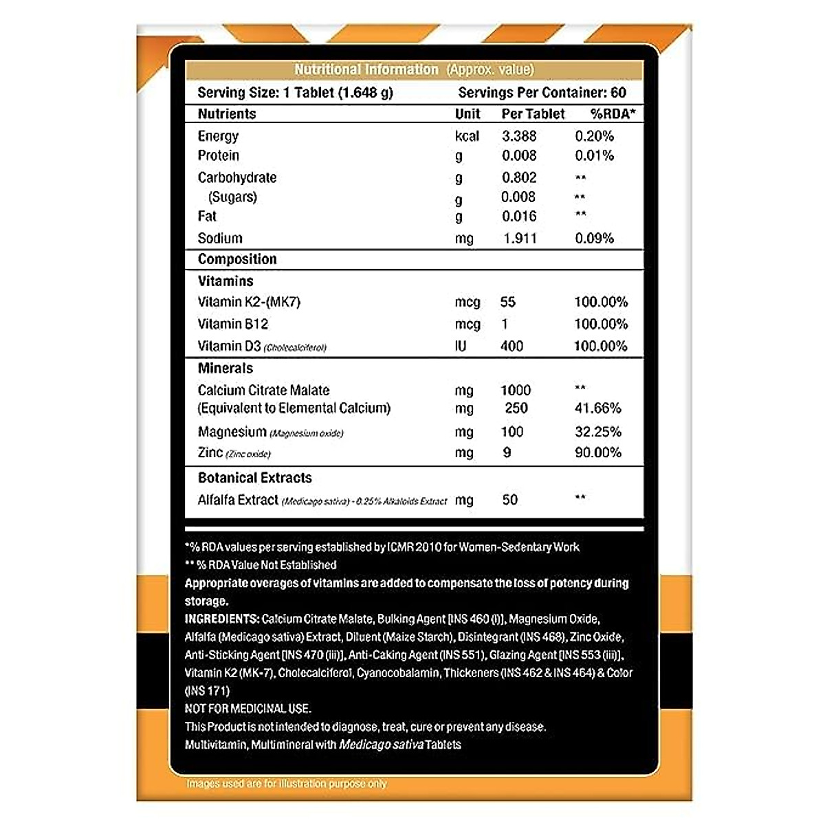 Calcium + Magnesium + Zinc & K2 - MK7 Daily Vital with Alfalfa Extract, Vitamin B12 and D3, 60 Tablets