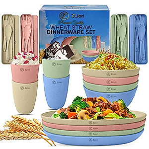 28pcs Wheat Straw Dinnerware Sets of 4. Premium Quality Plates, Bowls, Cups & Cutlery w/Case. Microwave & Dishwasher Safe! Great Indoor & Outdoor Kitchen Set. Plates and Bowls Set for Kids & Elderly