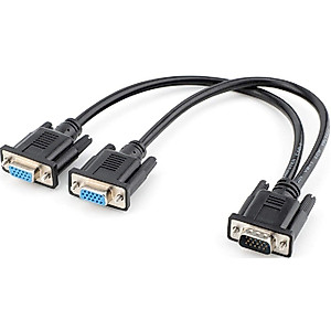 SAISN VGA Y Splitter Cable, VGA 1 Male to VGA 2 Female Adapter Cable Dual VGA Monitor Y Cable for Screen Duplication - 1 Feet, Black (No Screen Extension)