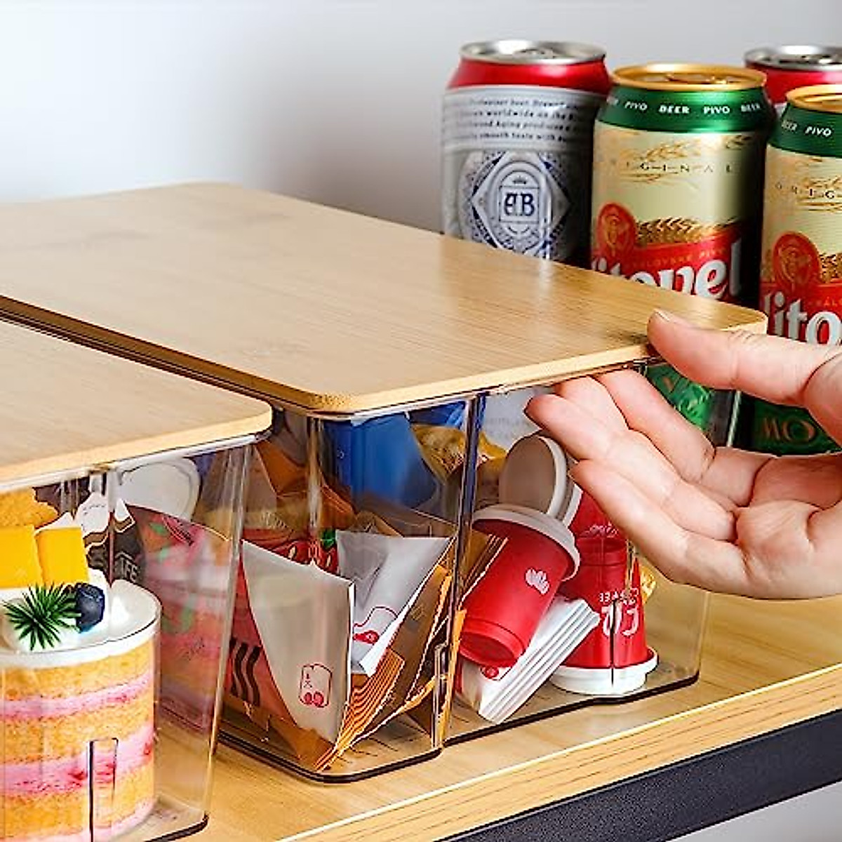 Qilinba 2 Pcs Bamboo Storage Box with Lids, Acrylic Storage Container with External Handles for Organizing Chips, Snacks, Coffee Pod, Laundry Pods, Crafts