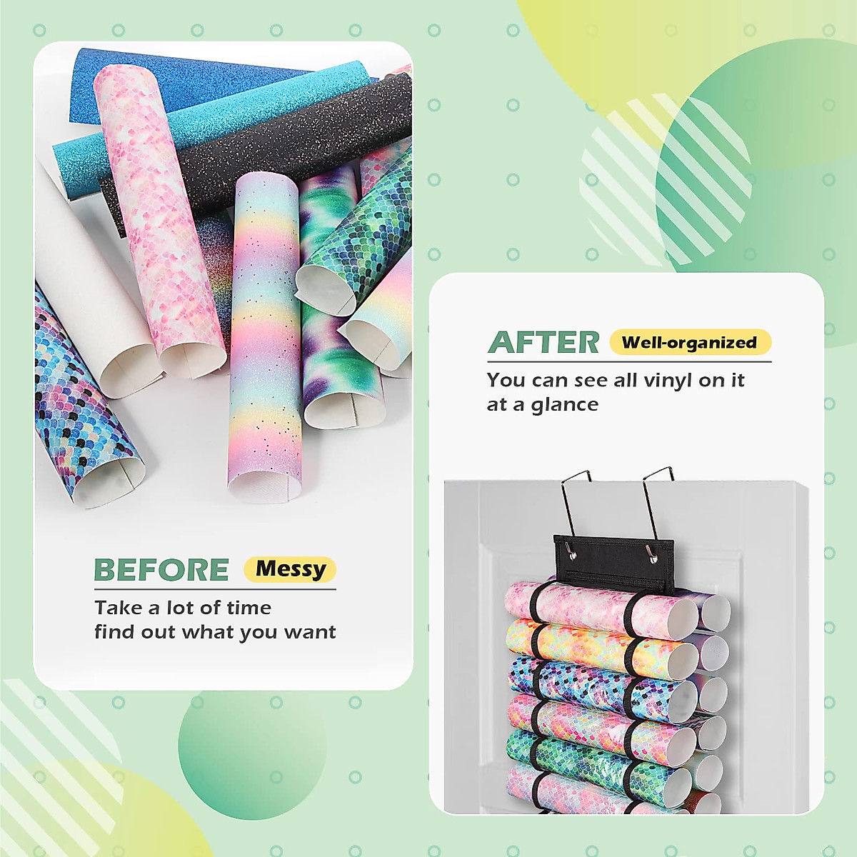 RYBPVC Vinyl Holder with 50 Compartments, Vinyl Roll Holder Wall Mount/ Over The Door, Craft Vinyl Storage Organizer, Hanging Vinyl Organizer with 4 hooks (Black)