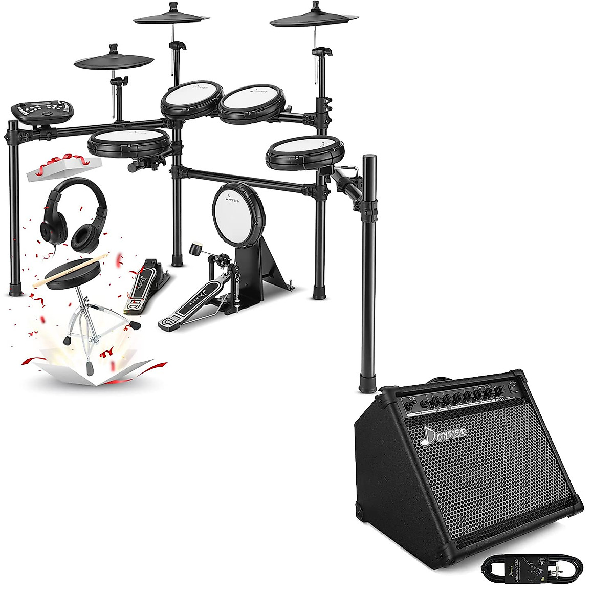 Donner DED-400 Electric Drum Set with Electric Drum AMP 35-Watt Electronic Drum Amplifier DDA-35 Keyboard Speaker with Aux in and Wireless audio connection, Drum/Keyboard/MIC 3 in 1 Amplifier with 3-