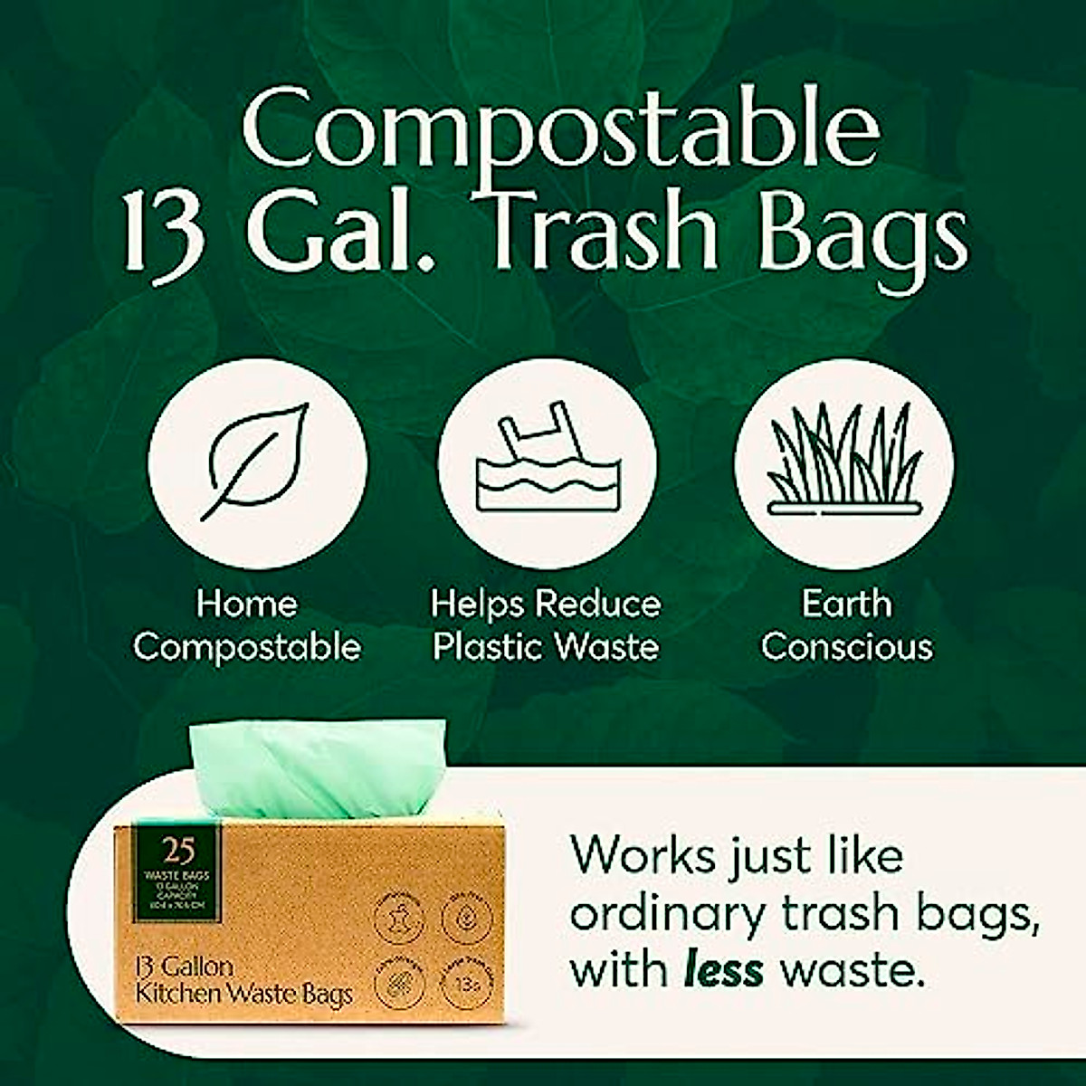 Cleanomic Compostable* Trash Bags with Drawstring (13 Gallon, 25 Units, Tall), BPI Certified For Kitchen Compost