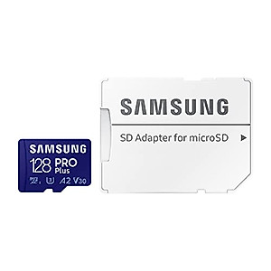 SAMSUNG PRO Plus + Adapter 128GB microSDXC Up to 160MB/s UHS-I, U3, A2, V30, Full HD & 4K UHD Memory Card for Android Smartphones, Tablets, Go Pro and DJI Drone (MB-MD128KA/AM)