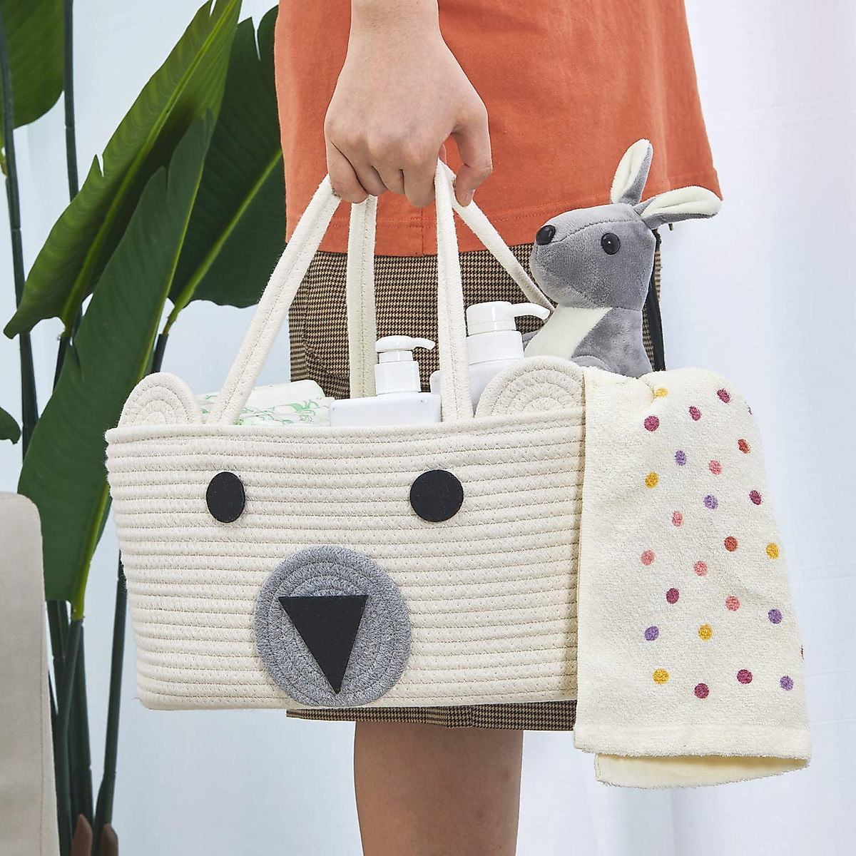 InfiBay Baby Diaper Caddy Organizer, Baby Nursery Storage with Removable Dividers and Sturdy Handles, Cute Bear Basket, Cotton Rope Baby Basket, Portable Diaper Storage Basket