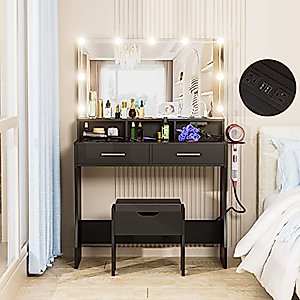 Titoni Makeup Vanity with Lighted Mirror & Power Outlet, Makeup Table Vanity Set with 3 Lighting Colors, Brightness Adjustable