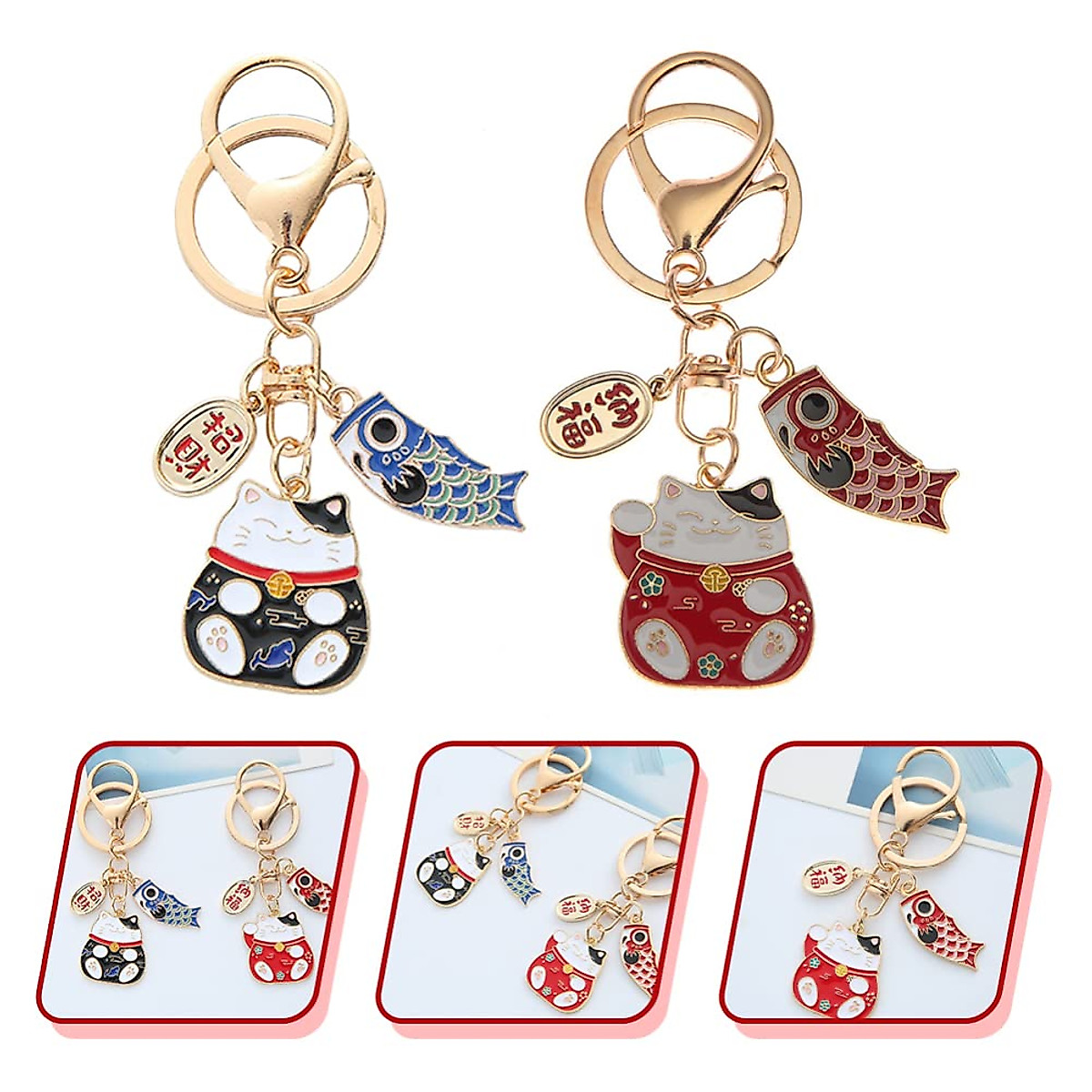 NUOBESTY Maneki Neko Lucky Cat Keychain: Japanese Beckoning Cat Keyring Fengshui Fortune Key Chains for Wealth Fortune
