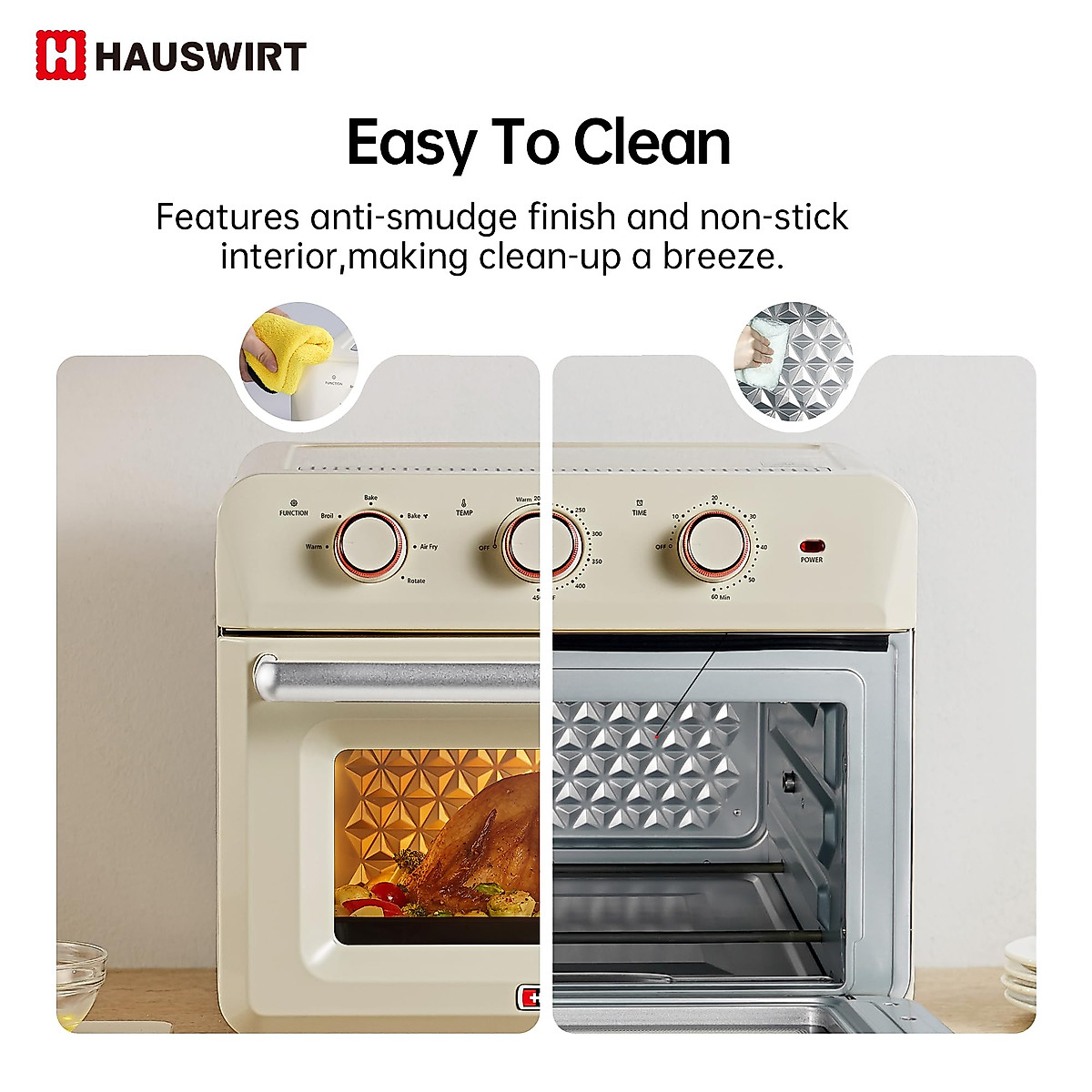 Hauswirt K5M Air Fryer Toaster Oven Combo, Retro XL Large Oven 3-4People, Air Fryer Oven with Rotisserie Kit, 26.5QT 6-slices Toast 12" Pizza, Bake Toast Broil,1600W 190°F-450°F,Non-Stick,Cream White