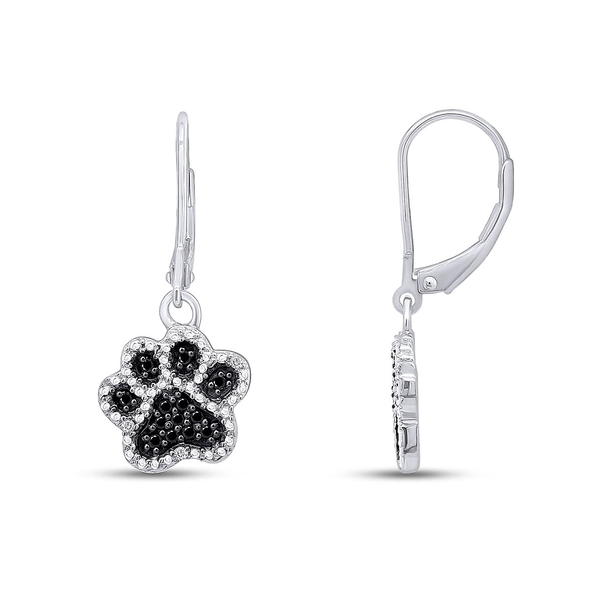 Black & White Natural Diamond Paw Print Dangle Earrings In 14K White Gold Over Sterling Silver (1/6 Ct)