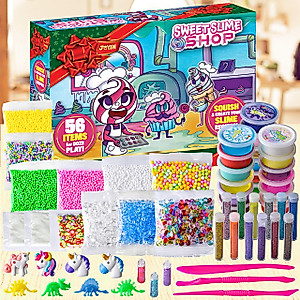 JOYIN 56 Pcs Slime Supplies DIY Slime Kit Making Set for Kids, Kids Art Craft with 18 Slime and 38 Accessories, Fruit Slices, Foam Balls, Cutting Tools, Soft Clay, Glitter Tubes, Fidget Toy