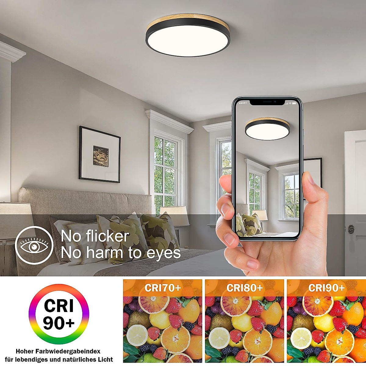 Vikaey Modern Wood LED Ceiling Light Fixture, Minimalist Black Flush Mount Ceiling Lamps, Round Ceiling Lighting Fixtures for Bedroom, Dining Room, Kitchen, Laundry Room, Hallway (NOT Dimmable)