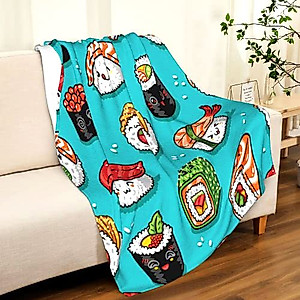 Qutown Sushi Pattern Cute Cartoon Japanese Food Blanket Throw Soft Lightweight Warm Cozy Flannel Fleece Women Adults and Kids Gifts for Couch Bed Sofa 50*40inch Small for Kid Leg pet