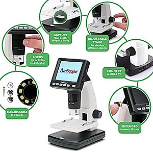 AmScope - LCD Digital Microscope, 3.5 inch Color Screen, 20X-1200X Magnification with Zoom, Portable USB Microscope Imager, Coin Microscope - DM130-M5S035
