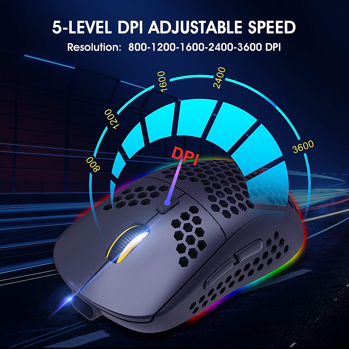 HXMJ Type C Fast Charging Bluetooth Mouse,Honeycomb Wireless Gaming Mice,Lightweight,3 Modes(BT5.0, BT3.0 and USB 2.4GHz) with 3600 DPI,RGB Rainbow Backlit-Black