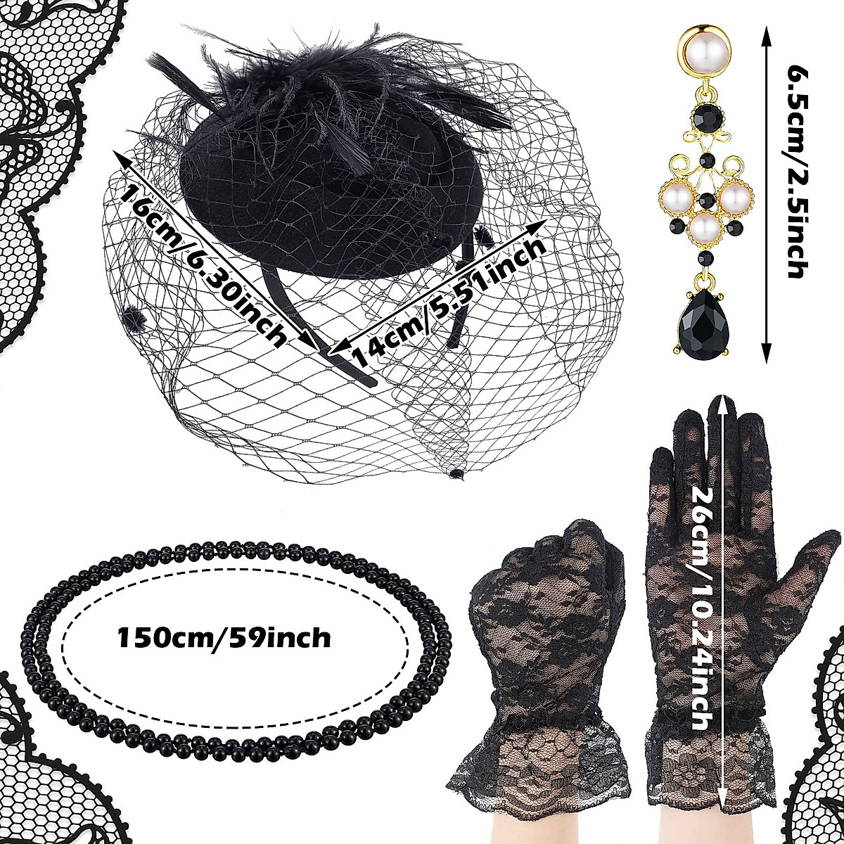 Bencailor Fascinator Hat for Women Funeral Veil Hats Set Include Mesh Hats Lace Gloves Necklace Earring for Tea Party(Floral Style)