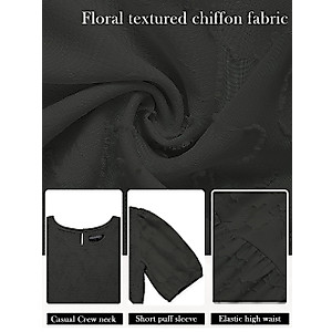 MEROKEETY Women's 2025 Summer Puff Sleeve Smocked Floral Dress Crewneck Lace Flowy Tiered Midi Dresses,Black,M