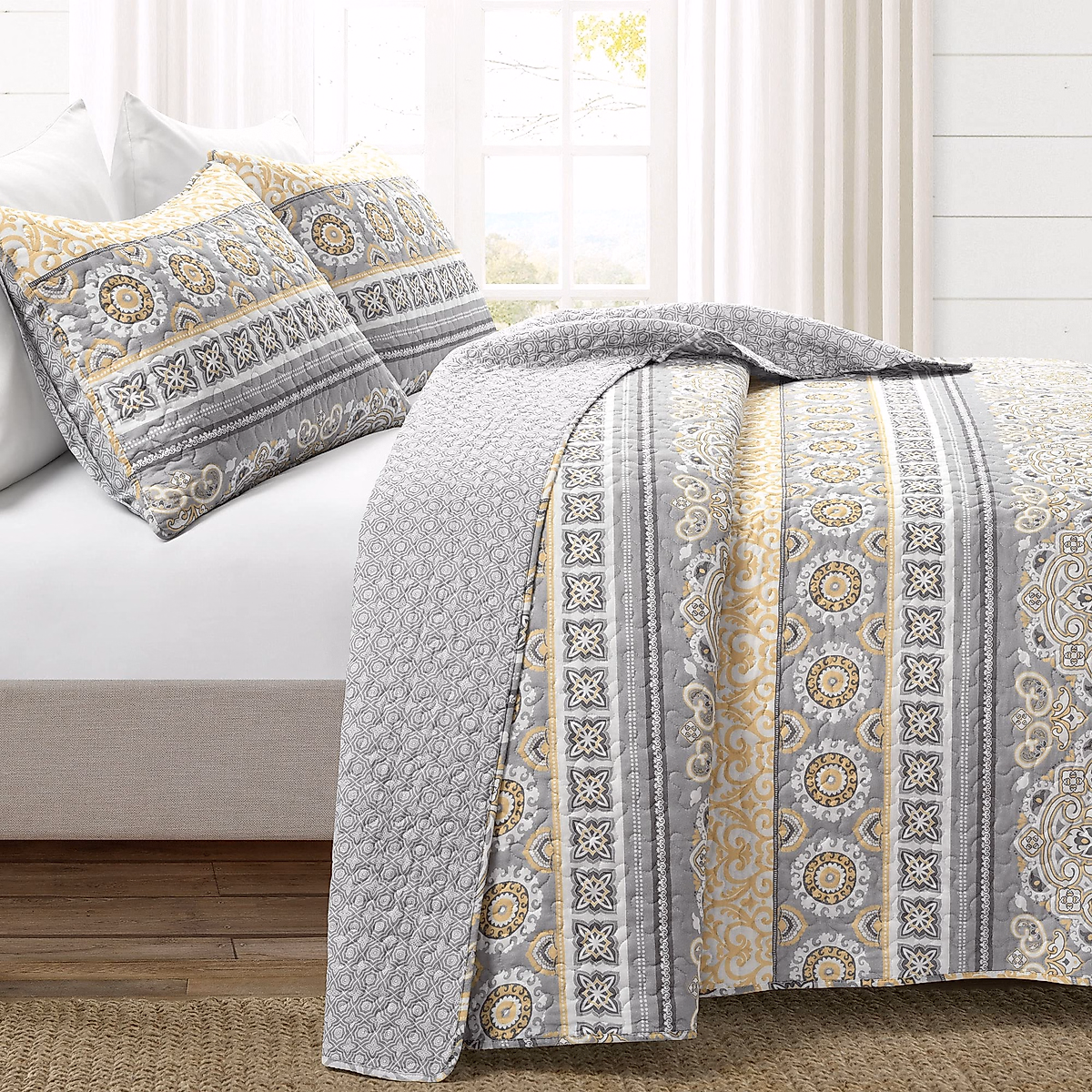Lush Decor Nesco Stripe Reversible Cotton 3 Piece Quilt Set, King, Yellow & Gray