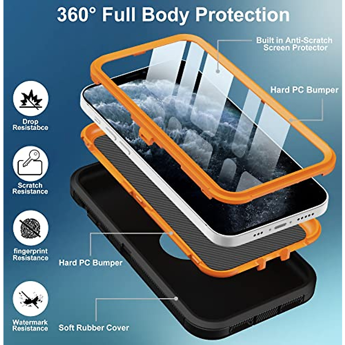 Aimoll-88 iPhone 11 Pro Max Case - Built-in Screen Protector, Heavy Duty Drop & Shockproof Protection, Dustproof, Black/Orange