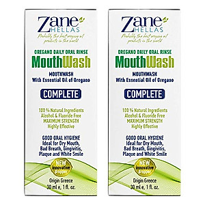Zane Hellas MouthWash. Oral Rinse with Oregano Oil Power. Ideal for Gingivitis, Plaque, Dry Mouth, and Bad Breath. Alcohol and Fluoride Free. 100% Herbal Solution. 2 fl.oz.-60ml.