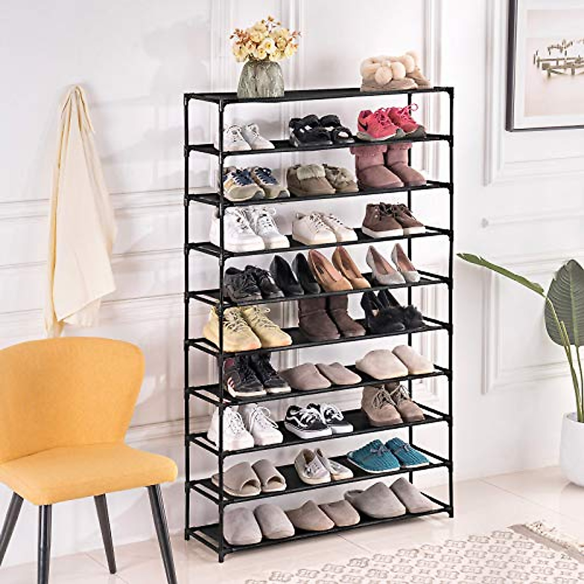 YOUDENOVA 10 Tiers Shoe Rack, 50 Pairs Large Shoe Rack Organizer, Space Saving Shoe Shelf, Non-Woven Fabric Shoe Storage Cabinet, Black