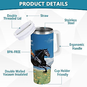Jihqo Running Field Horses 40 oz Stainless Steel Vacuum Insulated Tumbler with Handle and Straw Lid, Leakproof Water Bottle Double Wall Travel Mug Coffee Cup, Cupholder Friendly