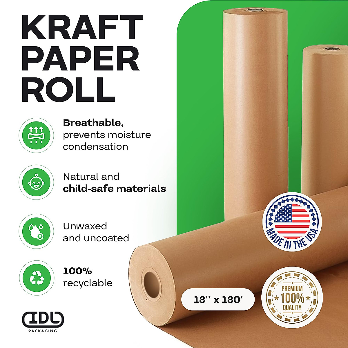 IDL Packaging 18" x 2160" (180 feet) Popular Pack Brown Kraft Paper Roll - Perfect Craft Wrapping Paper for Packing, Moving, Shipping - 100% Recycled Natural Wrap Material
