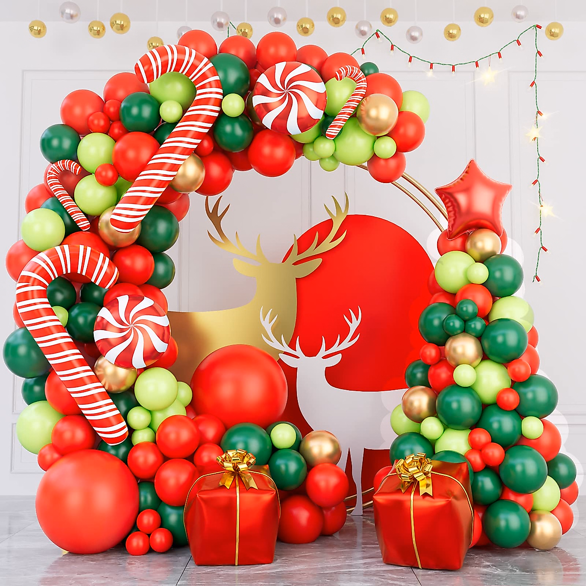 Bonropin Christmas Balloon Garland Arch kit with Xmas Red Gold Dark Green Balloon Fresh Green Balloon and Candy Balloons Gift Box Balloons Red Star Balloons Rich for Christmas Party Decorations