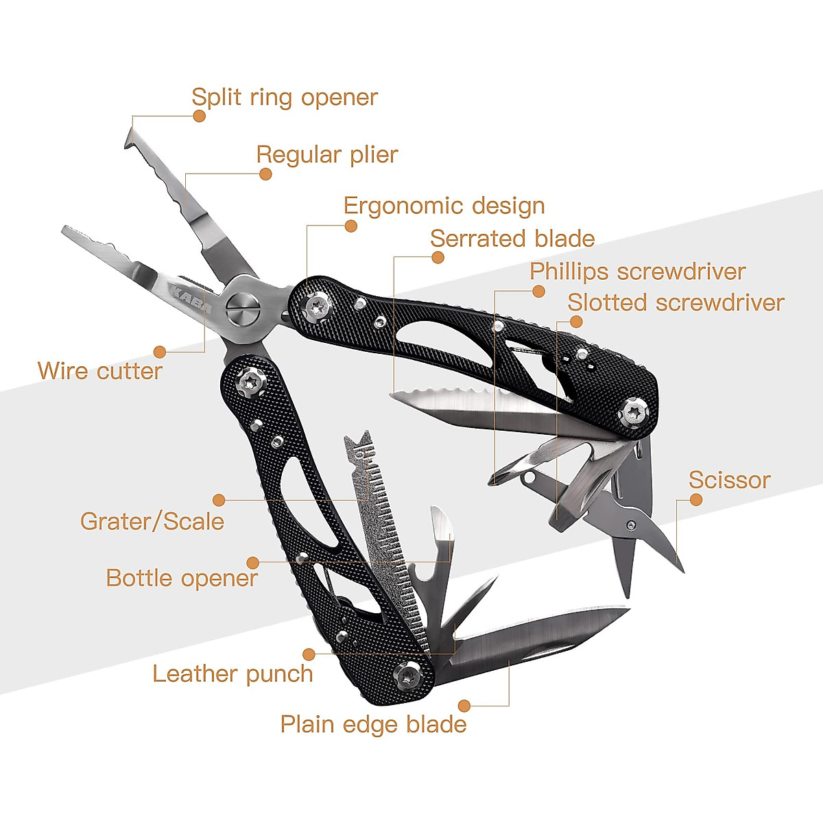 Kaba 12-in-1 Multitool Pliers of Fishing Tools, Professional Stainless Steel Multitool Pliers,Pocket Knife,Bottle Opener,Apply to Survival,Camping, Hunting and Hiking DIY Gifts for Men