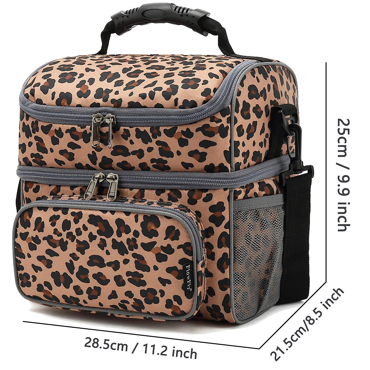 FlowFly Double Layer Cooler Insulated Lunch Bag Adult Lunch Box Large Tote Bag for Men, Women, With Adjustable Strap,Front Pocket and Dual Large Mesh Side Pockets,Leopard